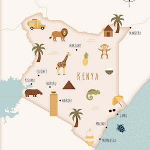 Illustrated Map of Kenya Art Print Poster Travel Map Digital Download ...