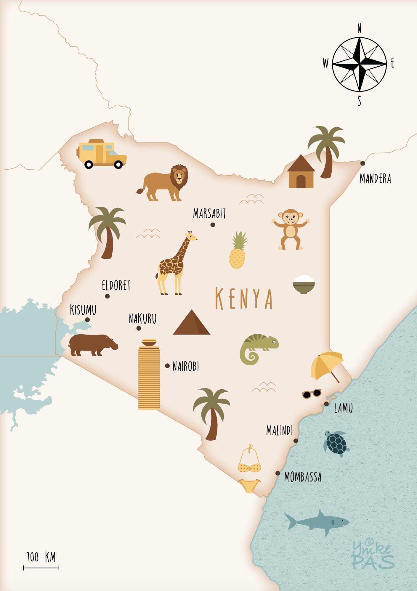 Illustrated Map of Kenya Art Print Poster Travel Map Digital Download ...