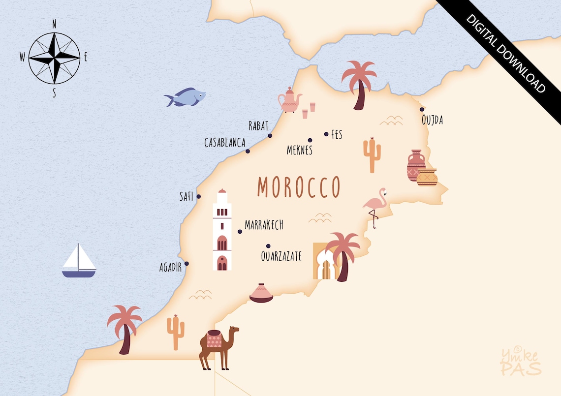 Illustrated Map of Morocco Art Print Poster Travel Map Digital Download ...
