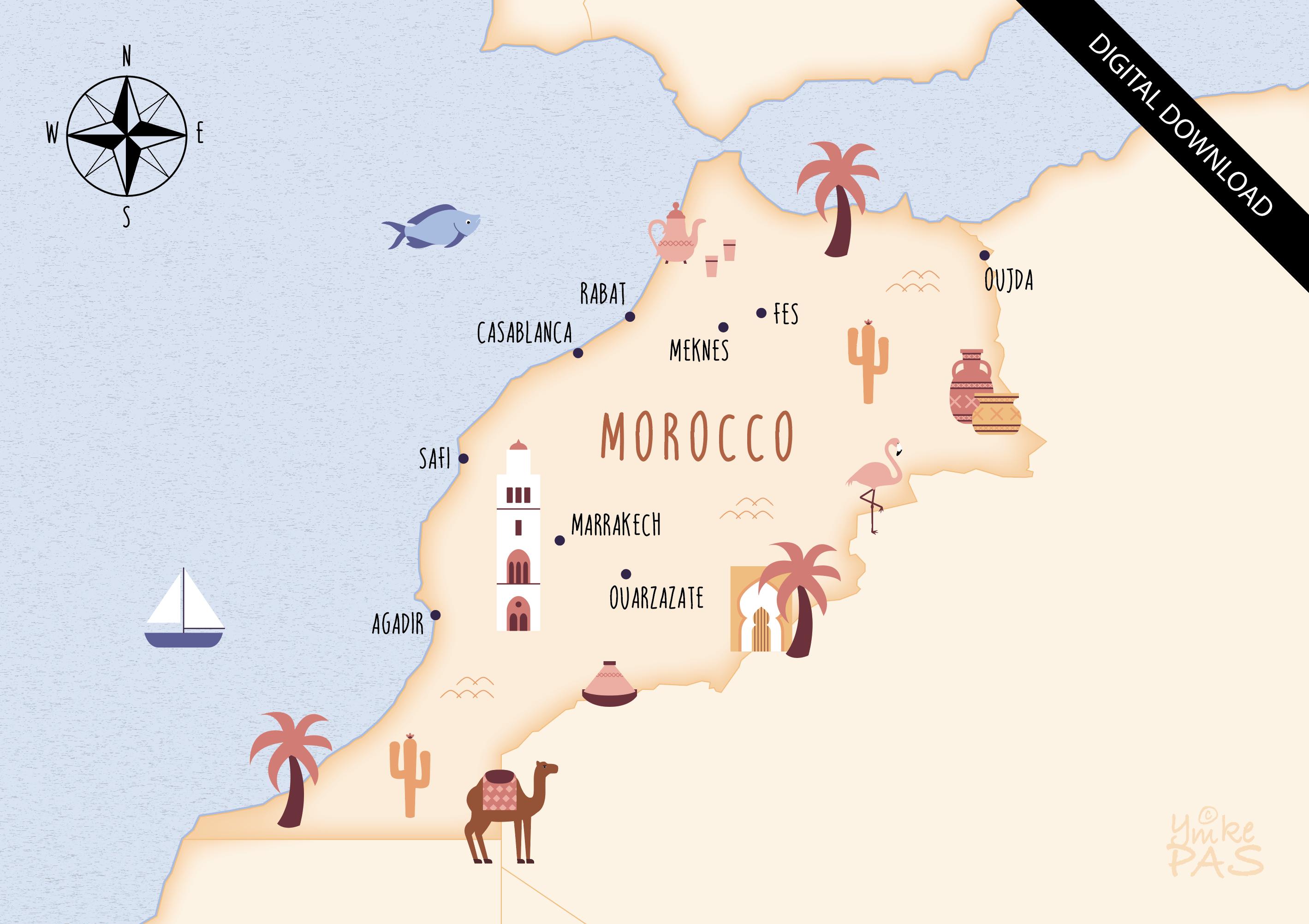 Illustrated Map of Morocco Art Print Poster Travel Map Digital Download ...