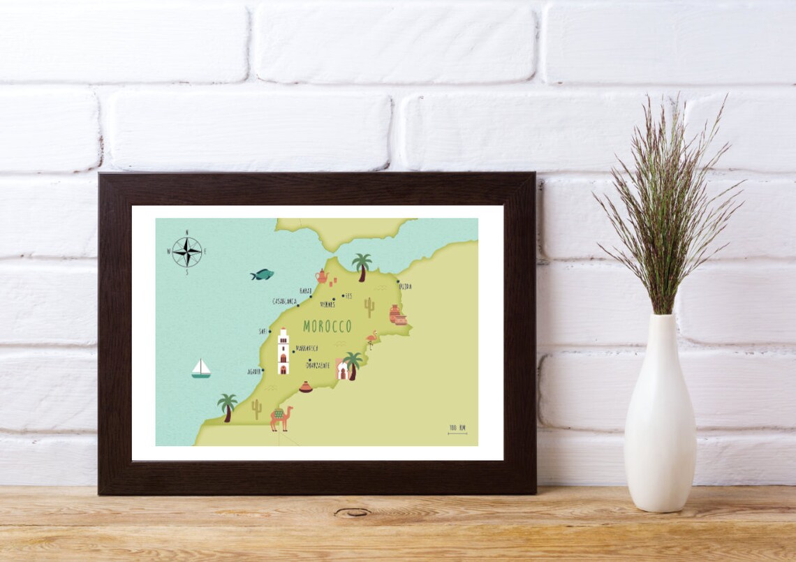 Illustrated map of Morocco art print poster travel map digital | Etsy