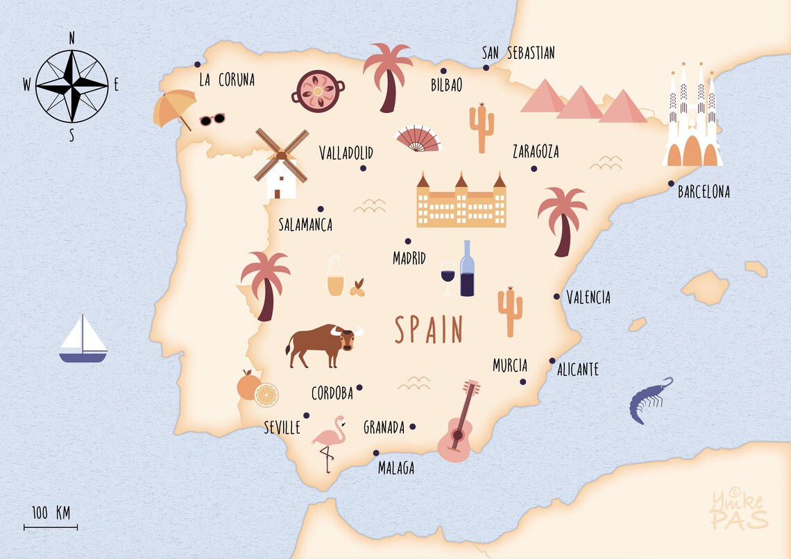 Illustrated Map of Spain Art Print Poster Travel Map Digital Download ...