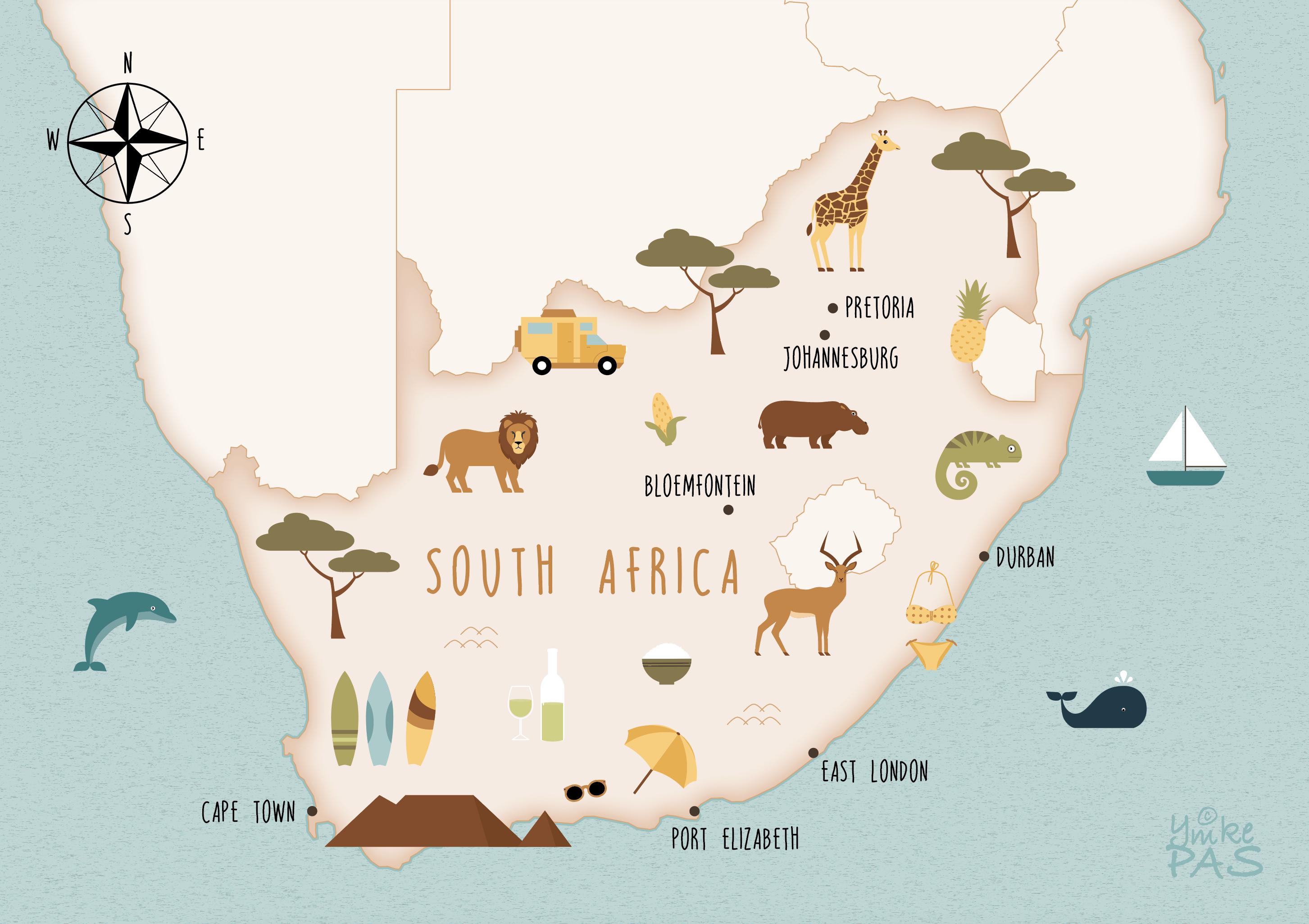 Illustrated Map of South Africa Art Print Poster Travel Map Digital ...