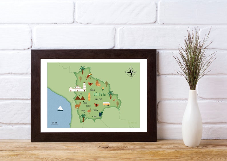 Illustrated Map of Bolivia Art Print Poster Travel Map Digital Download ...