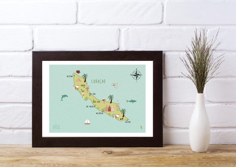 Illustrated Map of Curacao Art Print Poster Travel Map Digital Download ...