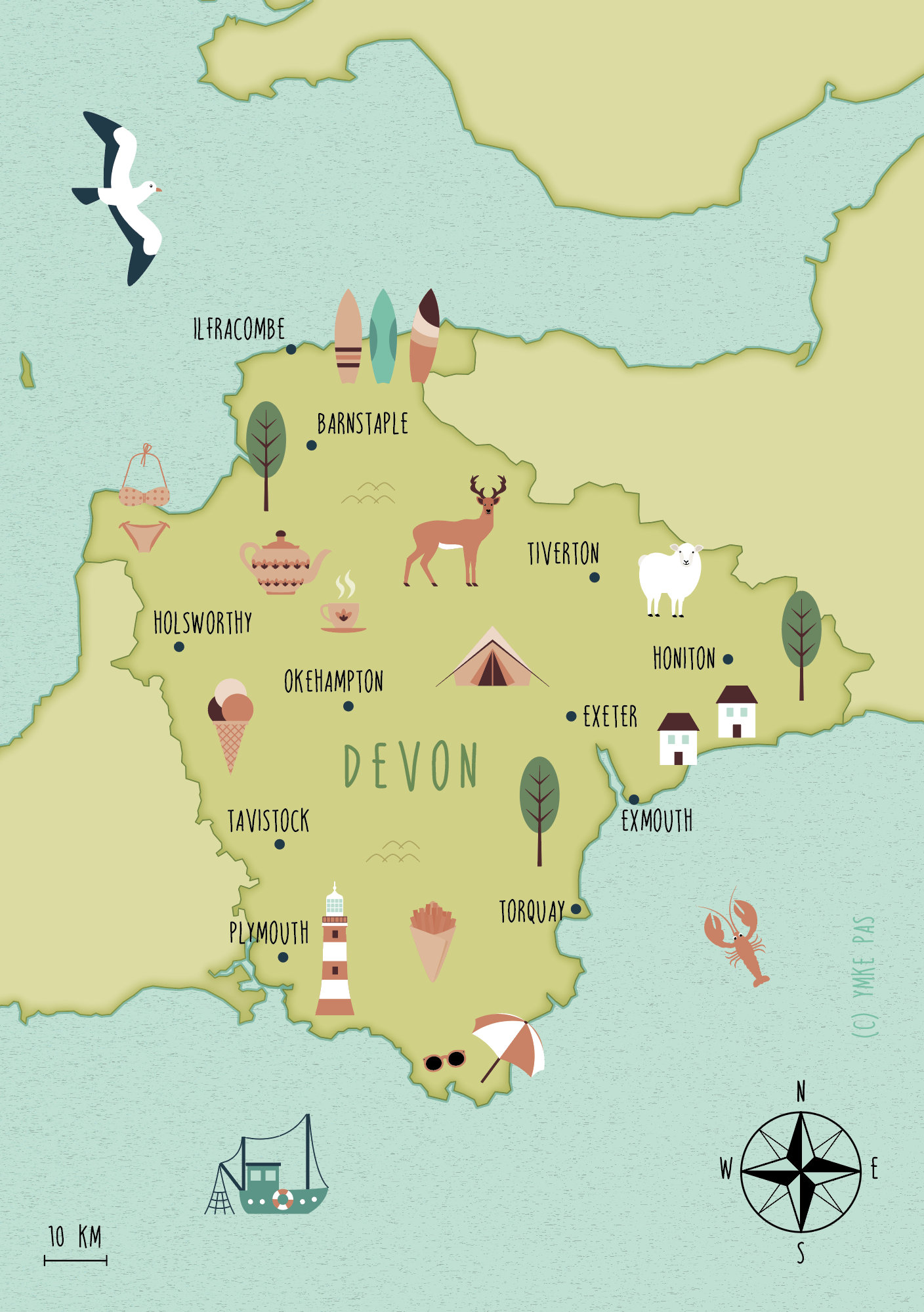 Illustrated Map of Devon Art Print Poster Travel Map Digital Download ...
