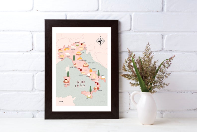 Illustrated Map of Italy, Italian Cheeses, Food, Art Print, Poster ...