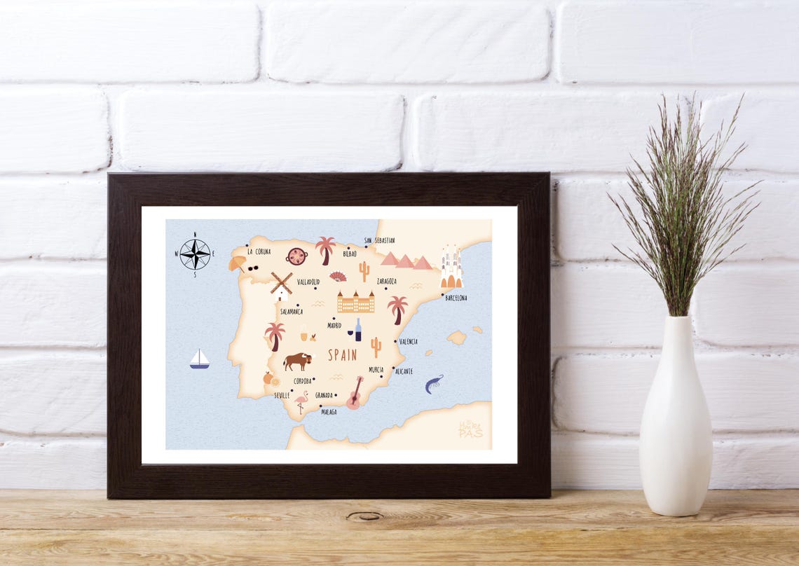 Illustrated Map of Spain Art Print Poster Travel Map Digital Download ...