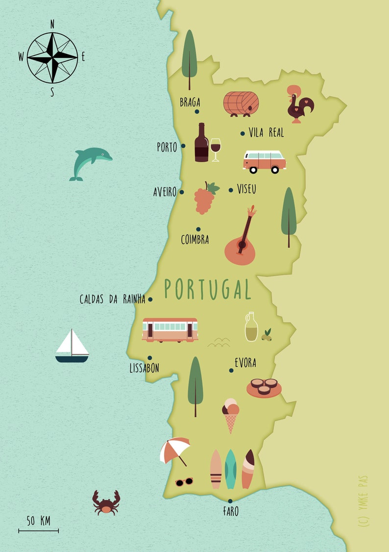 Illustrated Map of Portugal Art Print Poster Travel Map Digital ...