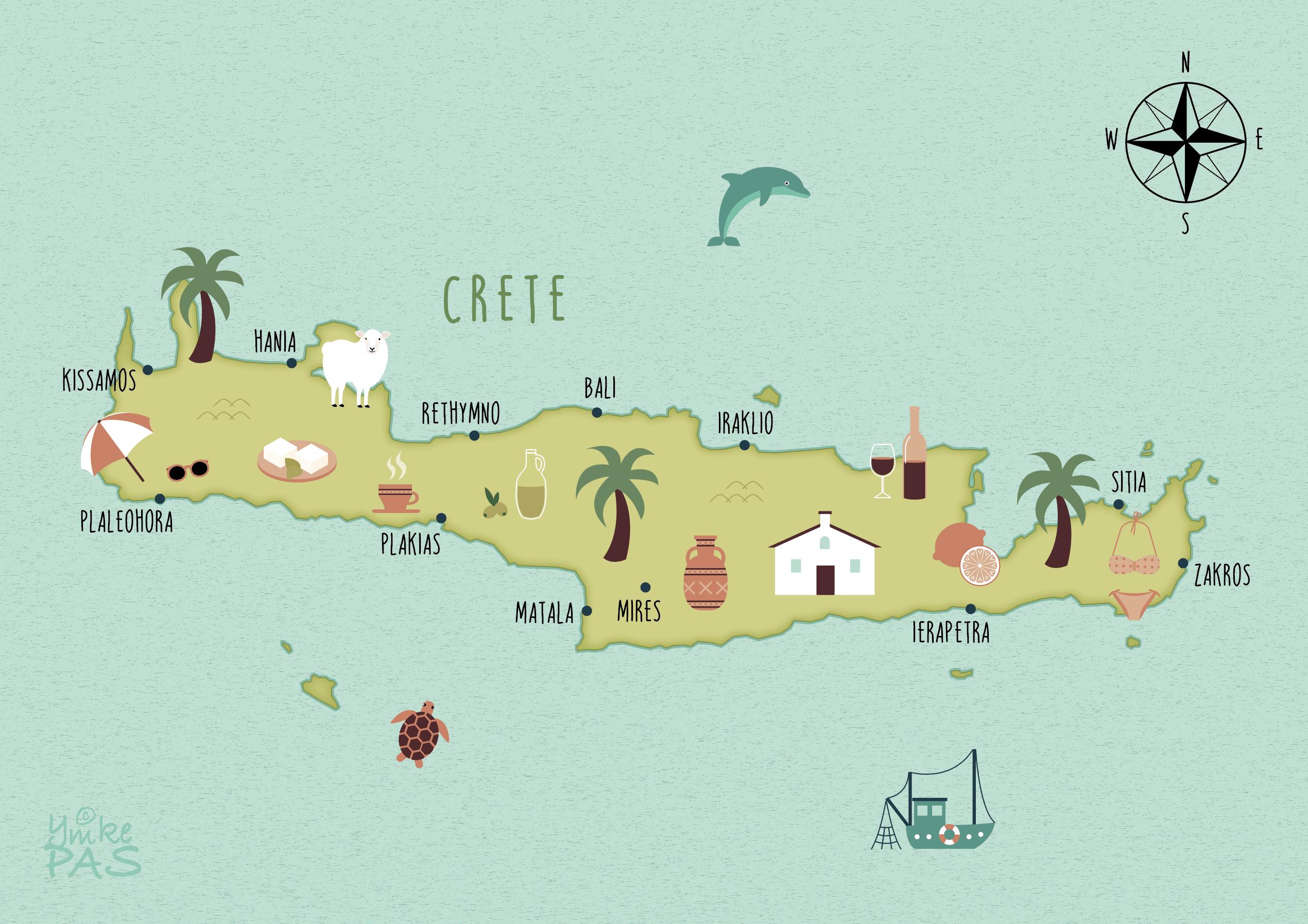 Illustrated Map of Crete Art Print Poster Travel Map - Etsy UK