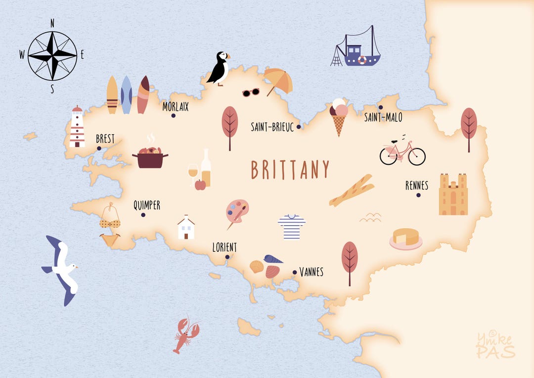 Illustrated Map of Brittany Art Print Poster Travel Map - Etsy