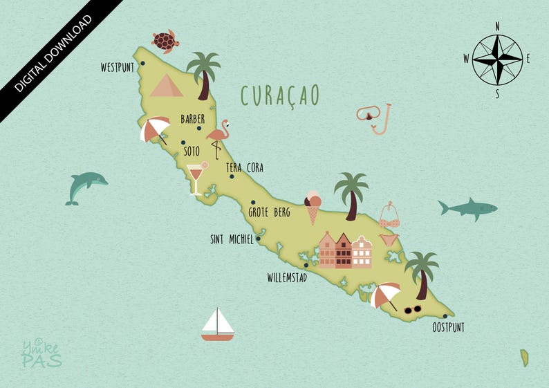 Illustrated Map of Curacao Art Print Poster Travel Map Digital Download ...