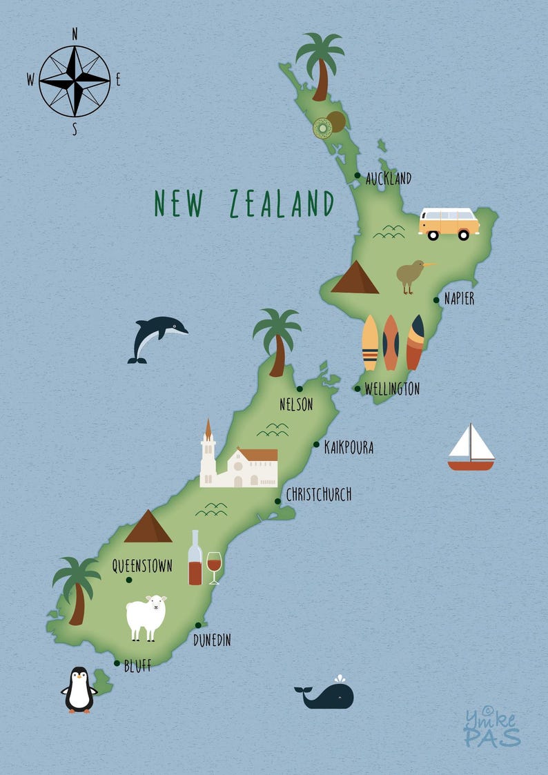 New Zealand Postcard, Pack of 5 Postcards A6, Illustrated Map of New ...