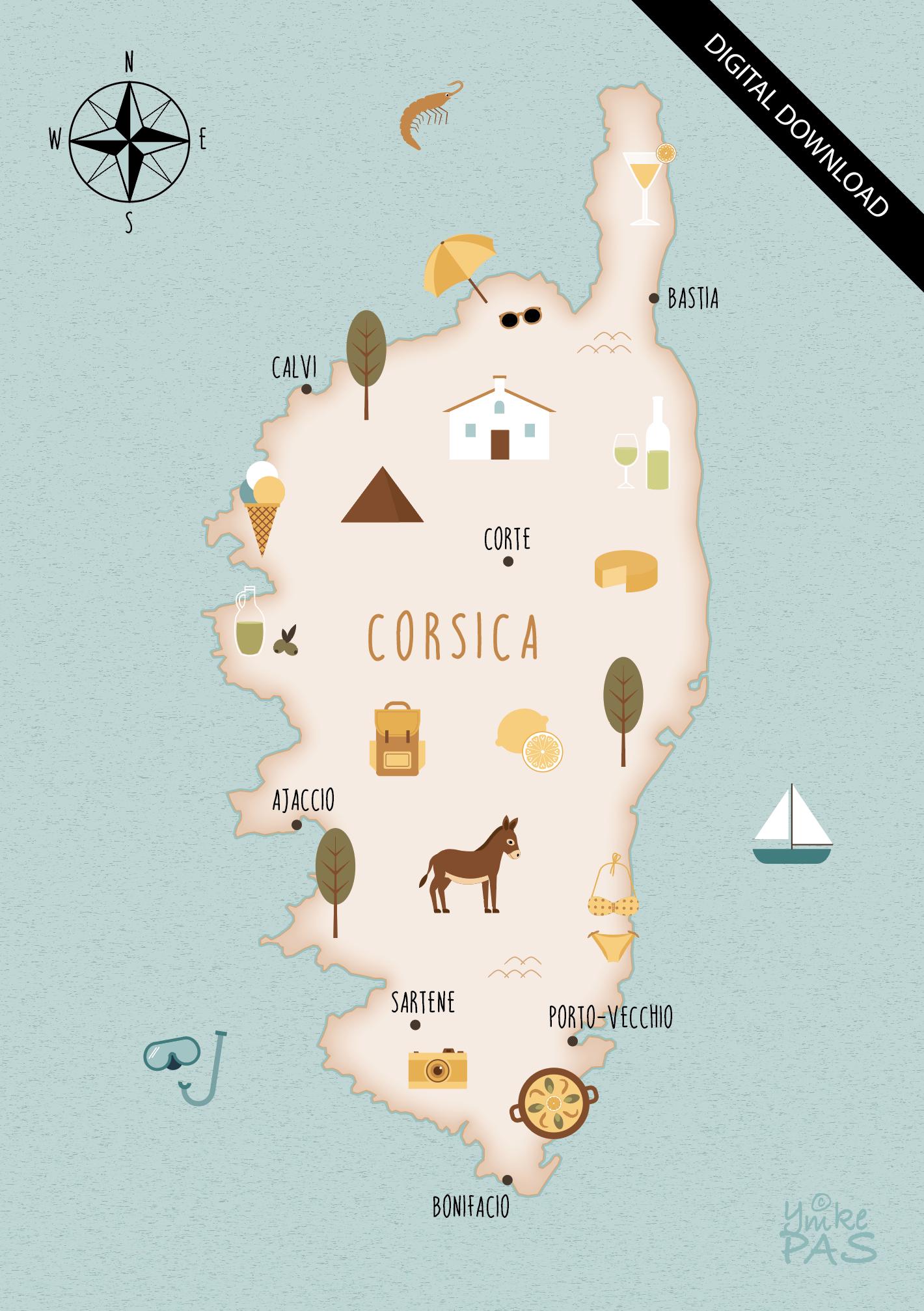 Illustrated Map of Corsica Art Print Poster Travel Map Digital Download ...