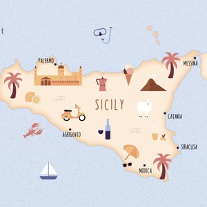 Illustrated Map of Sicily Art Print Poster Travel Map Digital Download ...