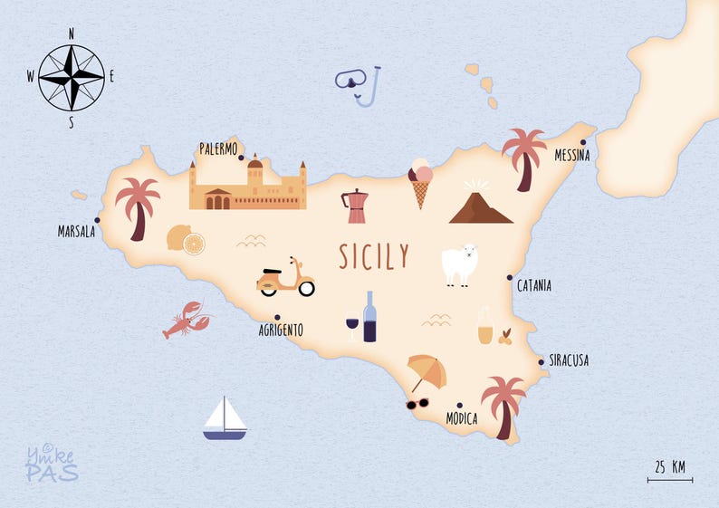 Illustrated Map of Sicily Art Print Poster Travel Map Digital Download ...