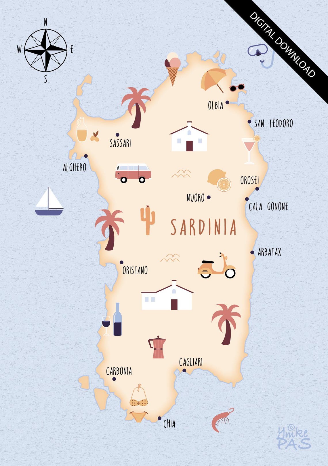 Illustrated Map of Sardinia Art Print Poster Travel Map Digital ...