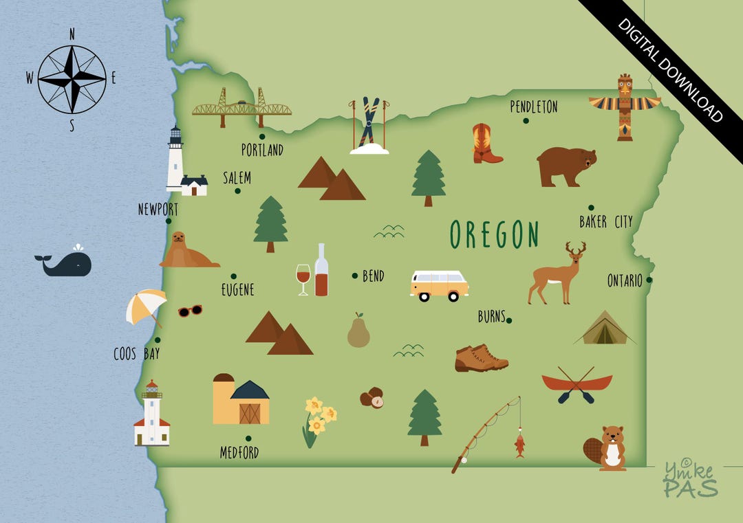Illustrated Map of Oregon Art Print Poster Travel Map Digital Download ...