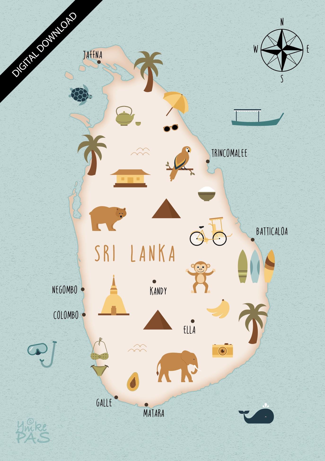 Illustrated Map of Sri Lanka Art Print Poster Travel Map Digital ...