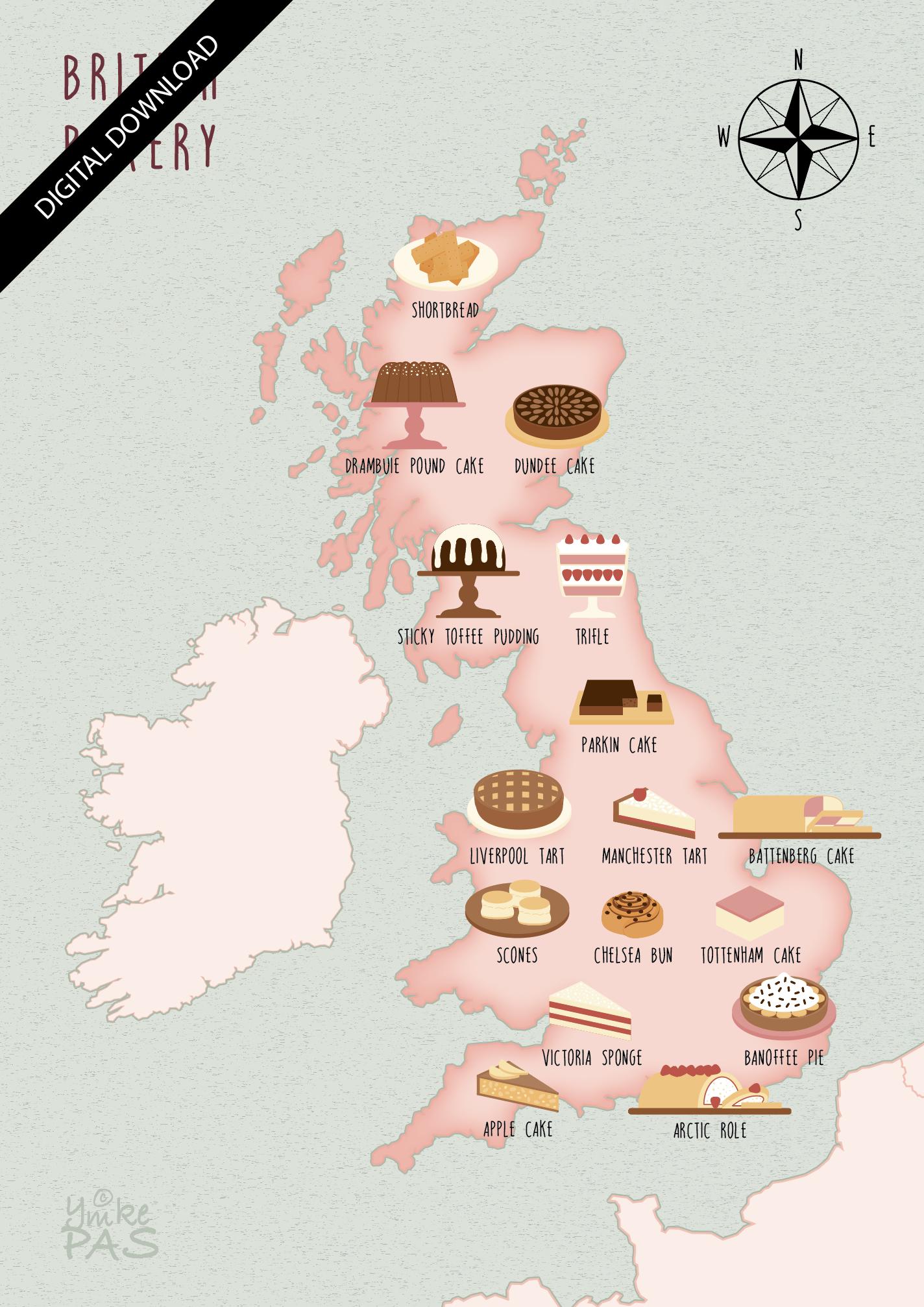 Illustrated Map of Britain, British Bakery, Food, Cake, Cookie, Pie ...
