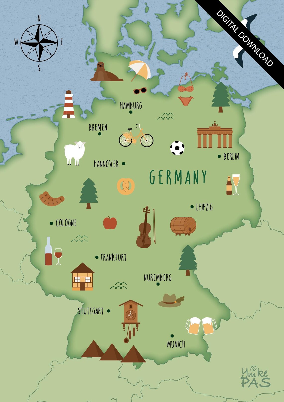 Illustrated Map of Germany Art Print Poster Travel Map Digital Download ...