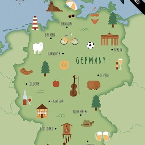 Illustrated Map of Germany Art Print Poster Travel Map Digital Download ...