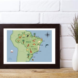 Illustrated Map of Brazil Art Print Poster Travel Map Digital Download ...