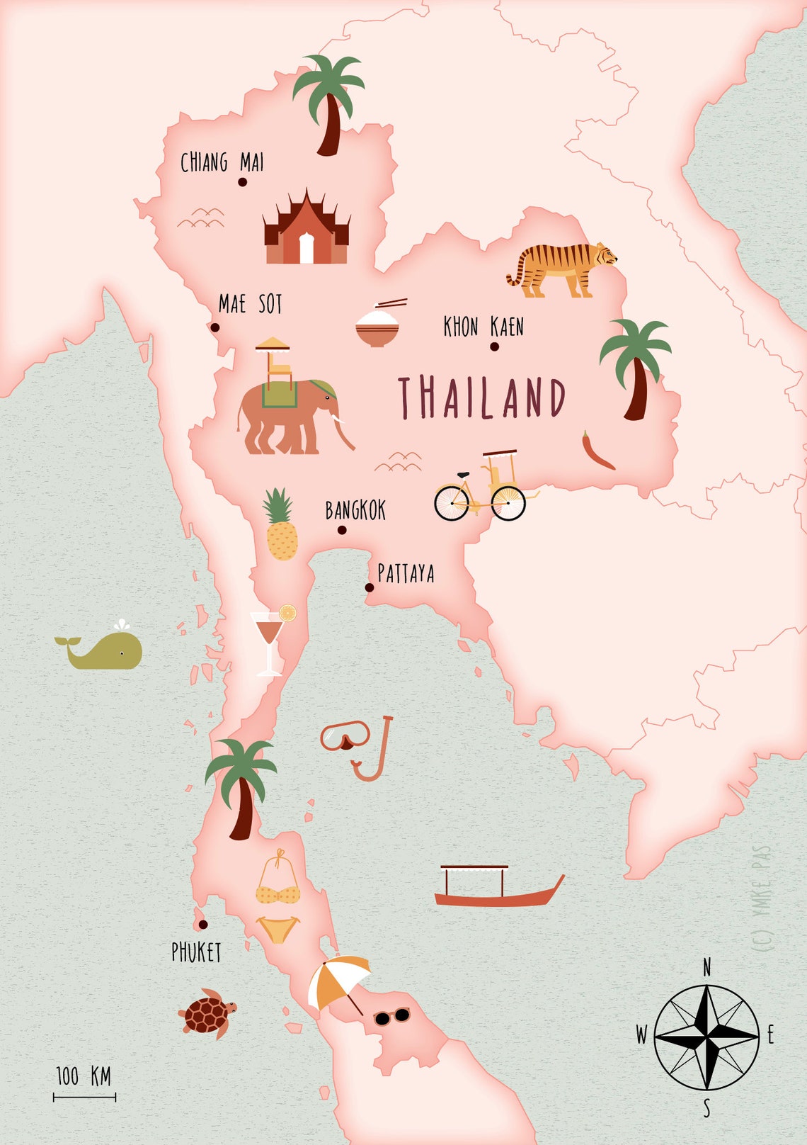 Illustrated Map of Thailand Art Print Poster Travel Map Digital ...