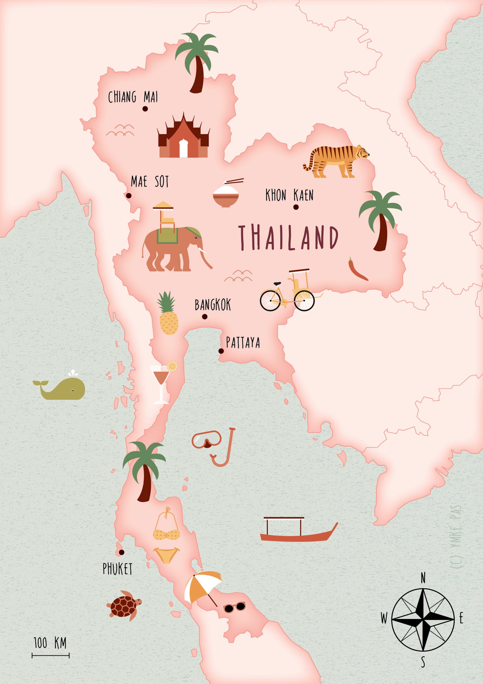 Illustrated Map of Thailand Art Print Poster Travel Map Digital ...