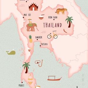 Illustrated Map of Thailand Art Print Poster Travel Map Digital ...