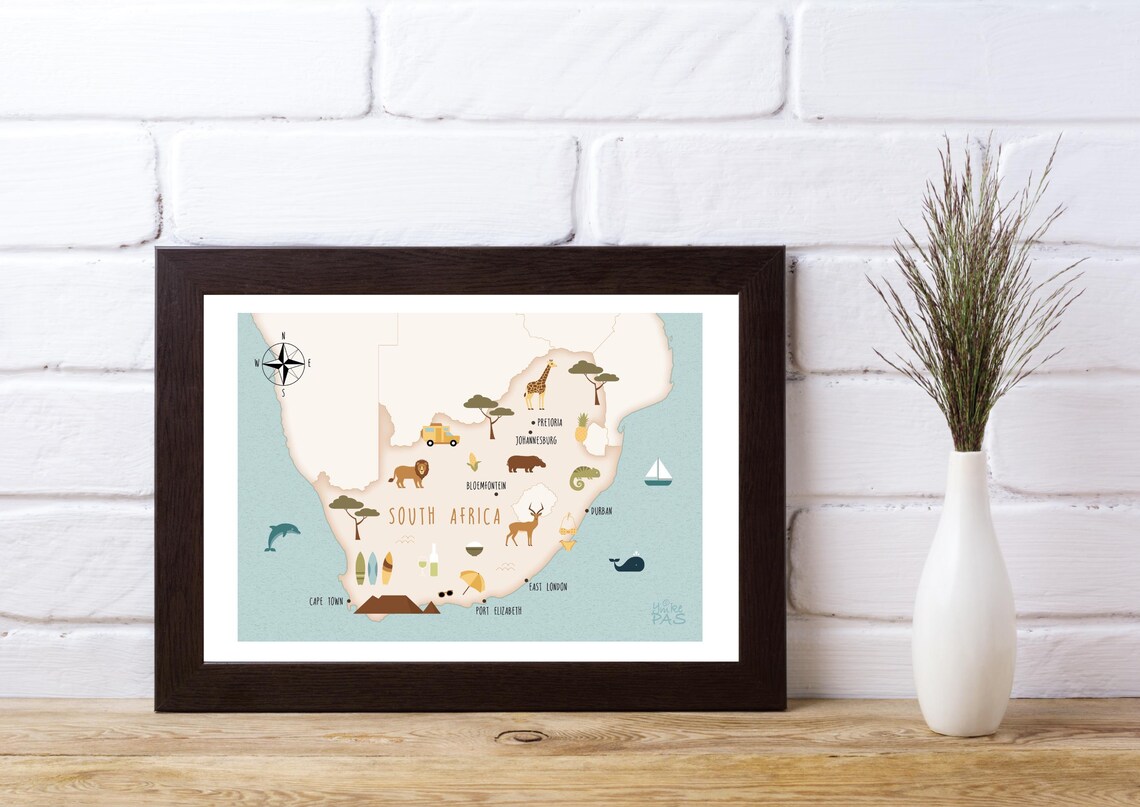 Illustrated Map of South Africa Art Print Poster Travel Map Digital ...