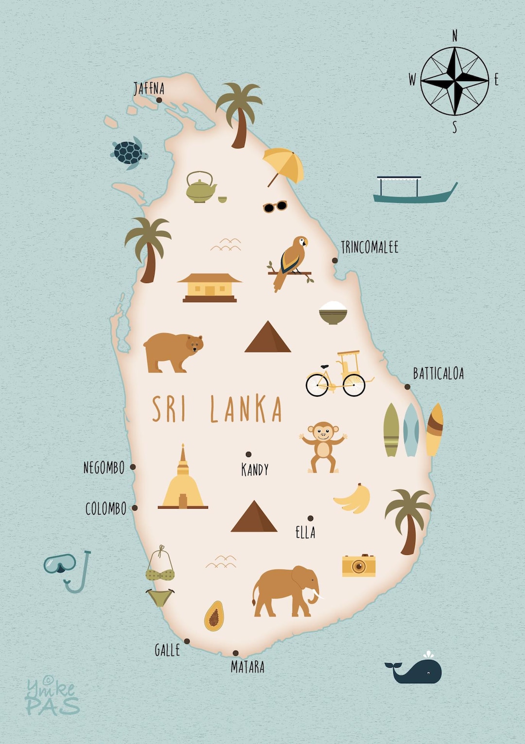 Illustrated Map of Sri Lanka Art Print Poster Travel Map - Etsy UK