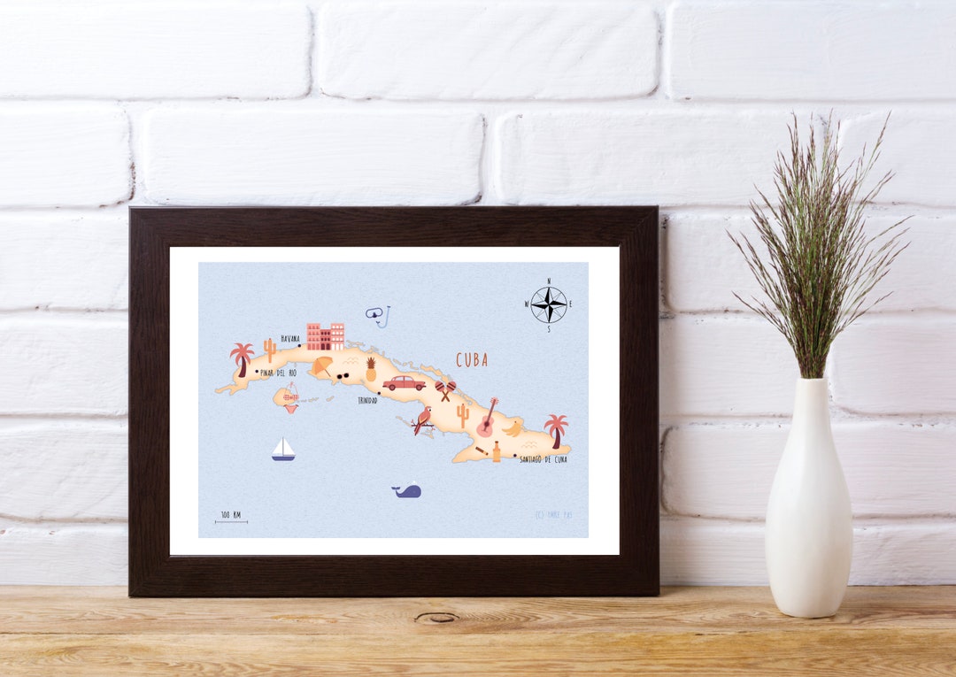 Illustrated Map of Cuba Art Print Poster Travel Map Digital Download - Etsy