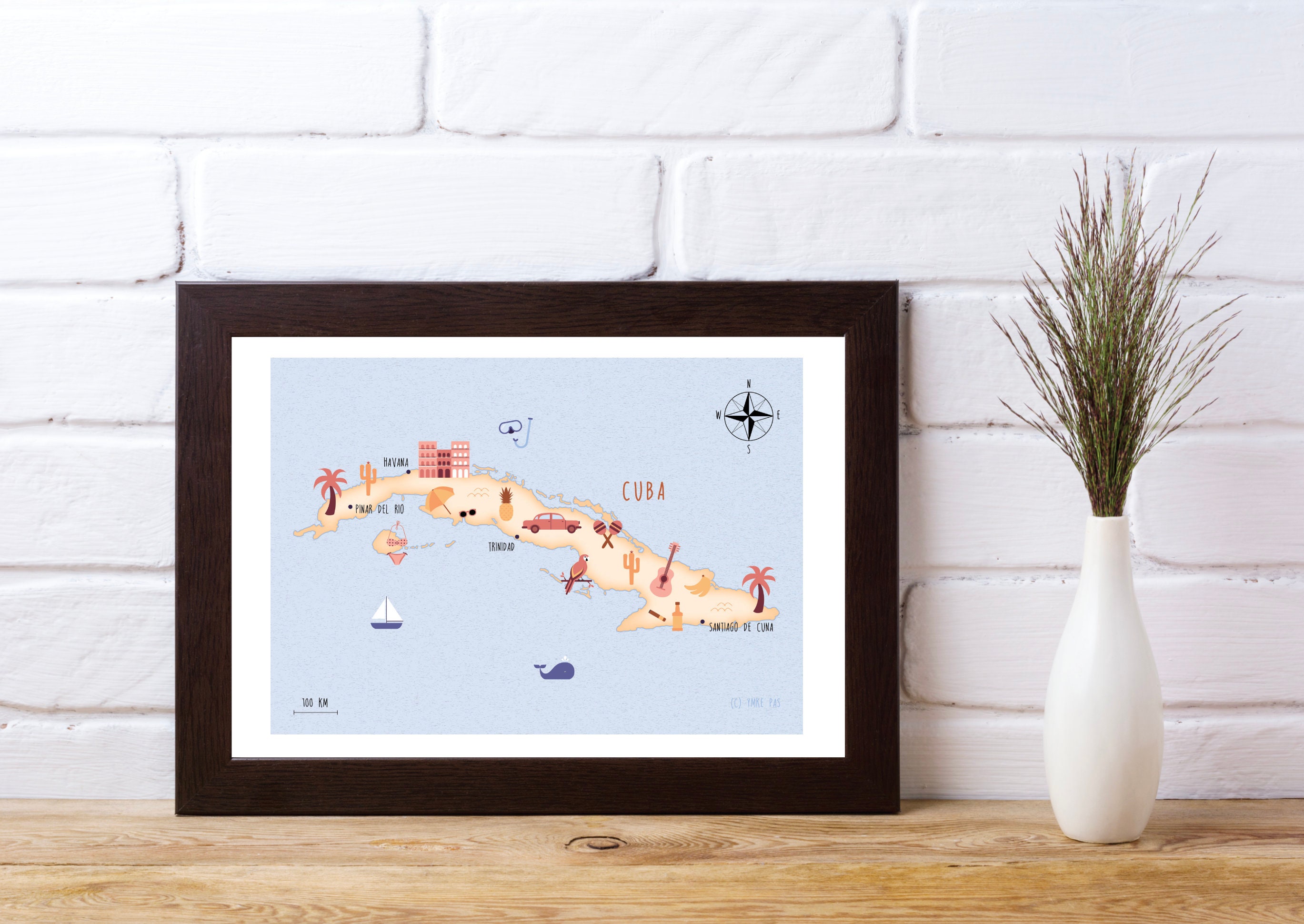 Illustrated Map of Cuba Art Print Poster Travel Map Digital Download - Etsy