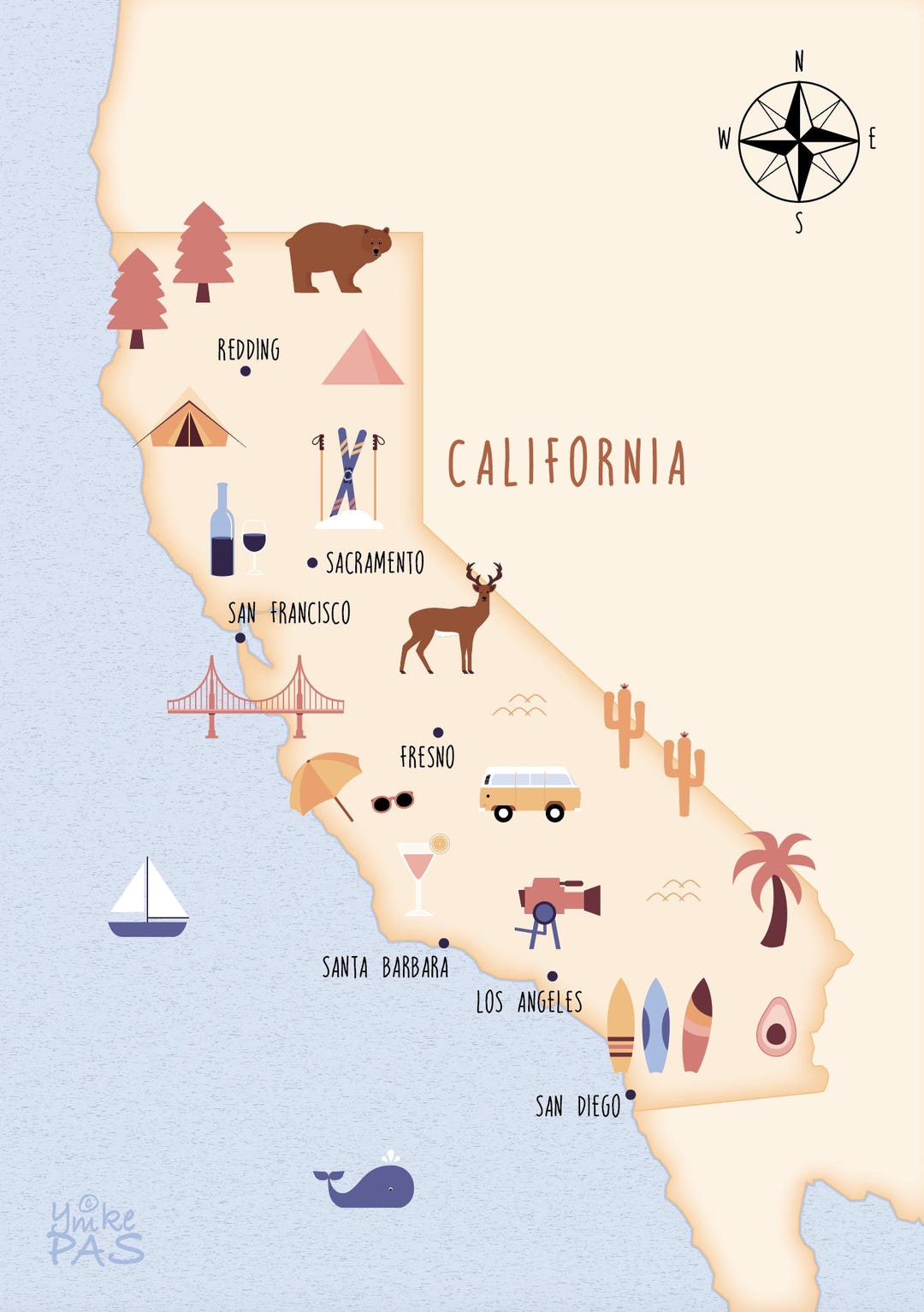 Illustrated Map of California Art Print Poster Travel Map - Etsy UK
