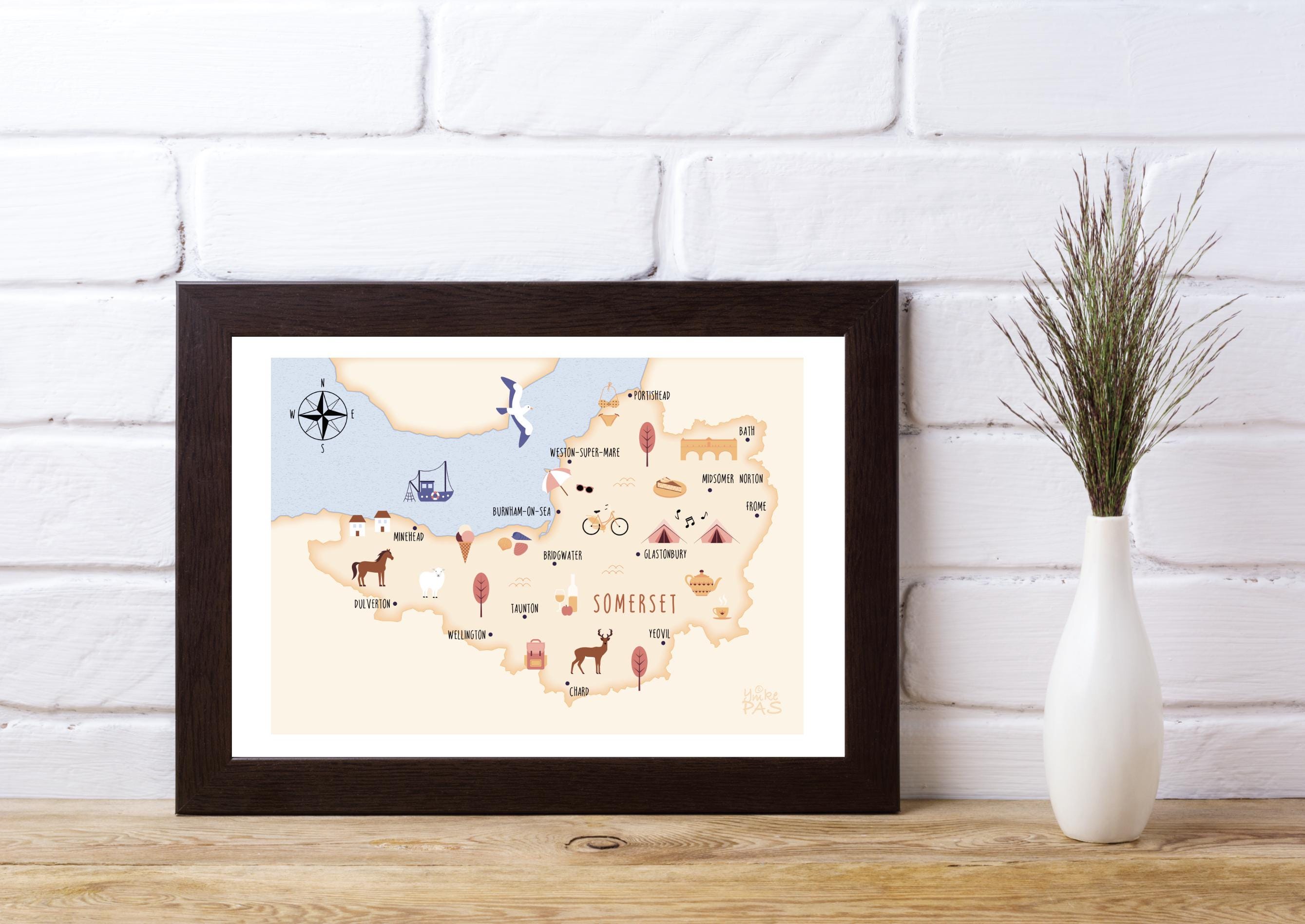 Illustrated Map of Somerset Art Print Poster Travel Map - Etsy UK