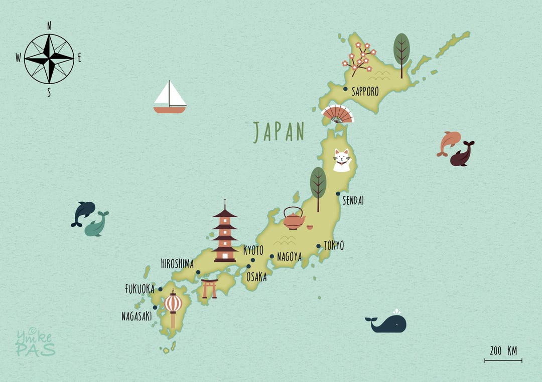 Illustrated Map of Japan Art Print Poster Travel Map Digital Download ...