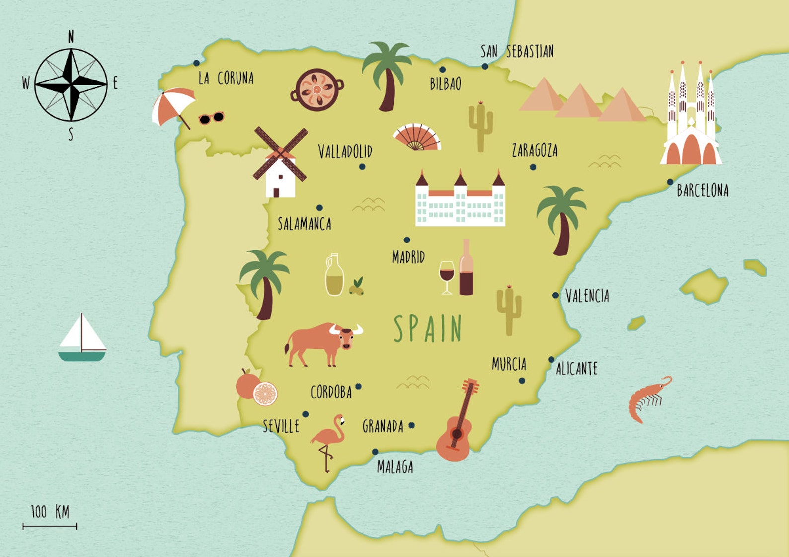 Illustrated Map of Spain Art Print Poster Travel Map Digital - Etsy
