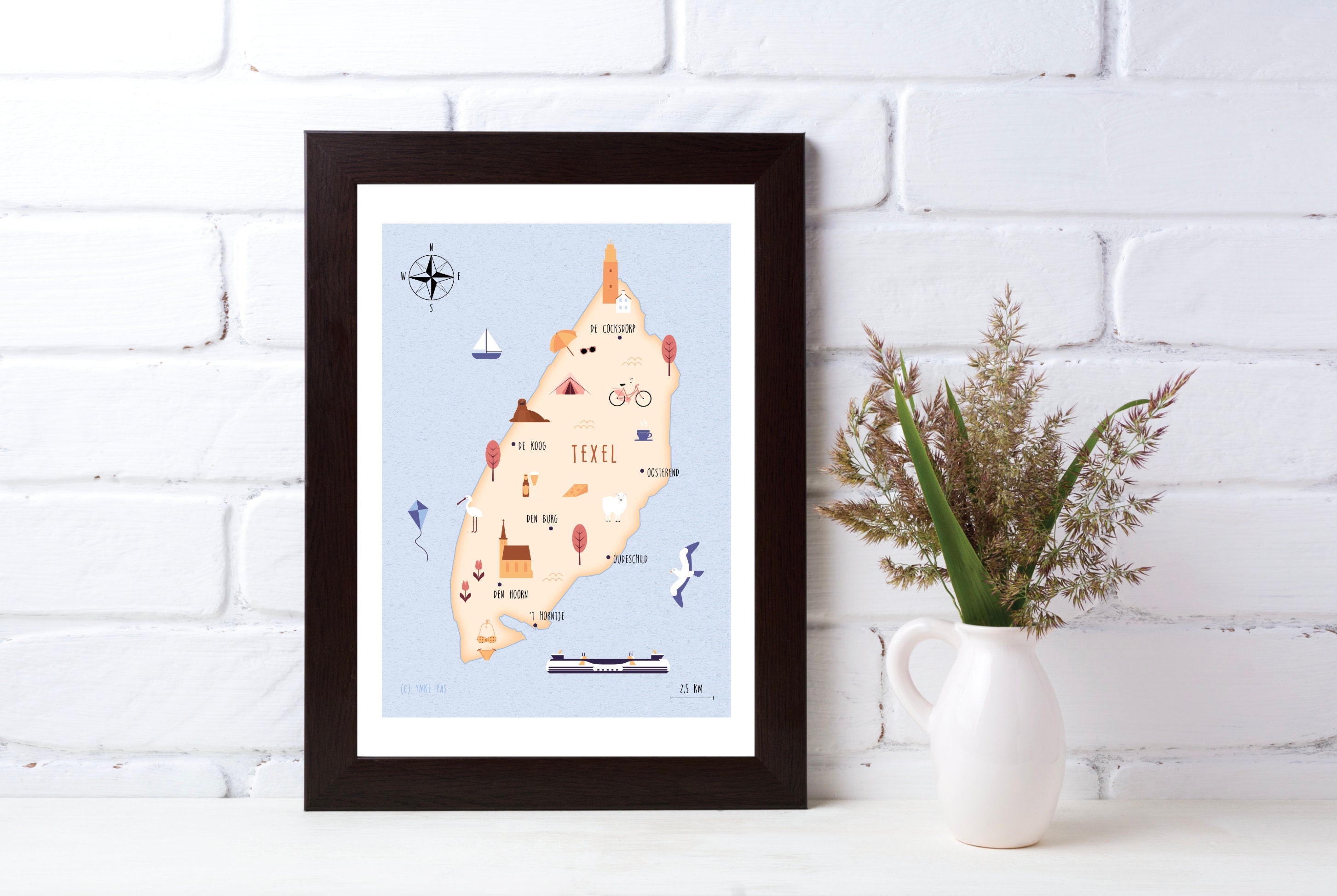 Illustrated Map of Texel Art Print Poster Travel Map Digital Download ...