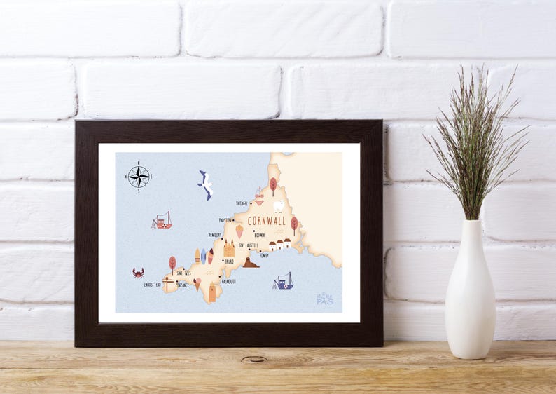 Illustrated Map of Cornwall Art Print Poster Travel Map Digital ...