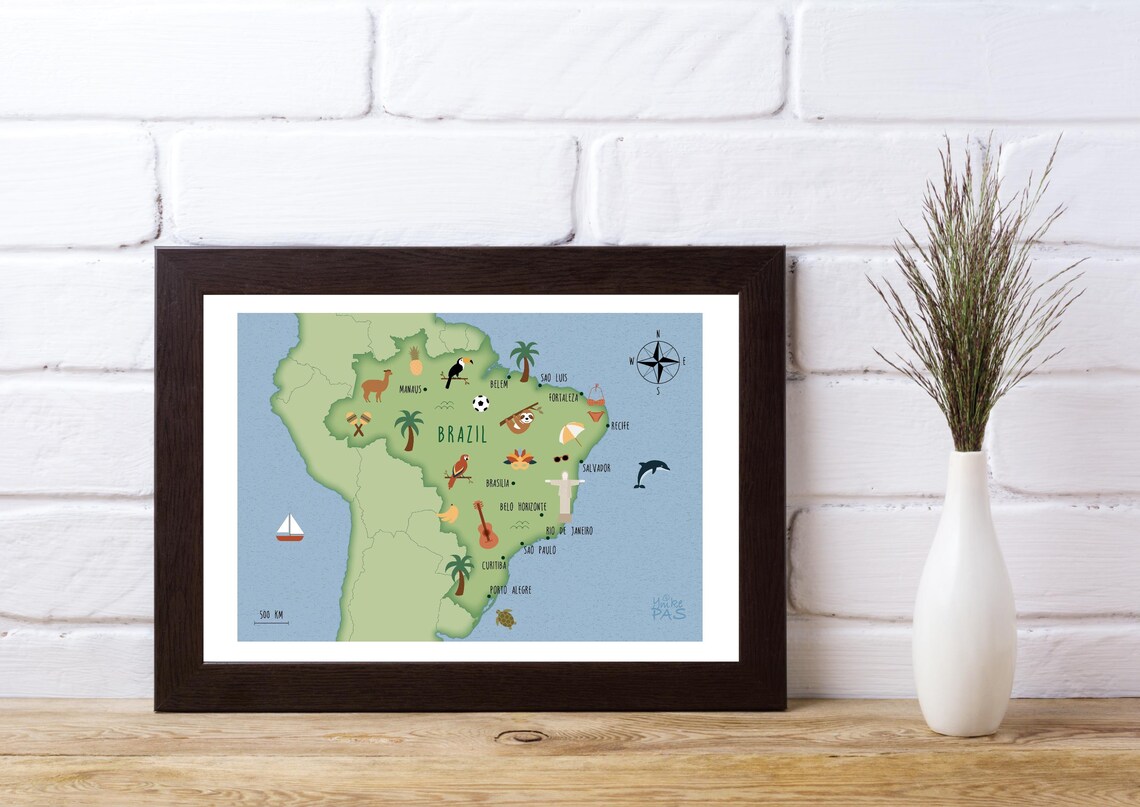 Illustrated Map of Brazil Art Print Poster Travel Map Digital Download ...