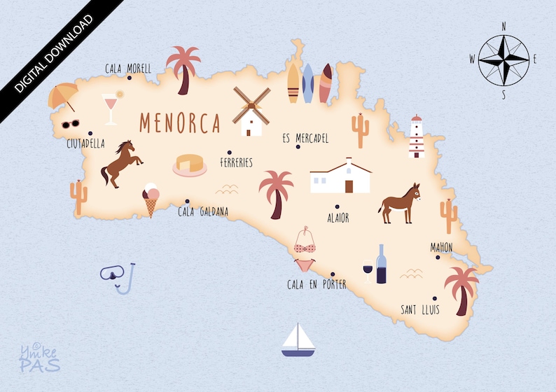 Illustrated Map of Menorca Art Print Poster Travel Map Digital Download ...
