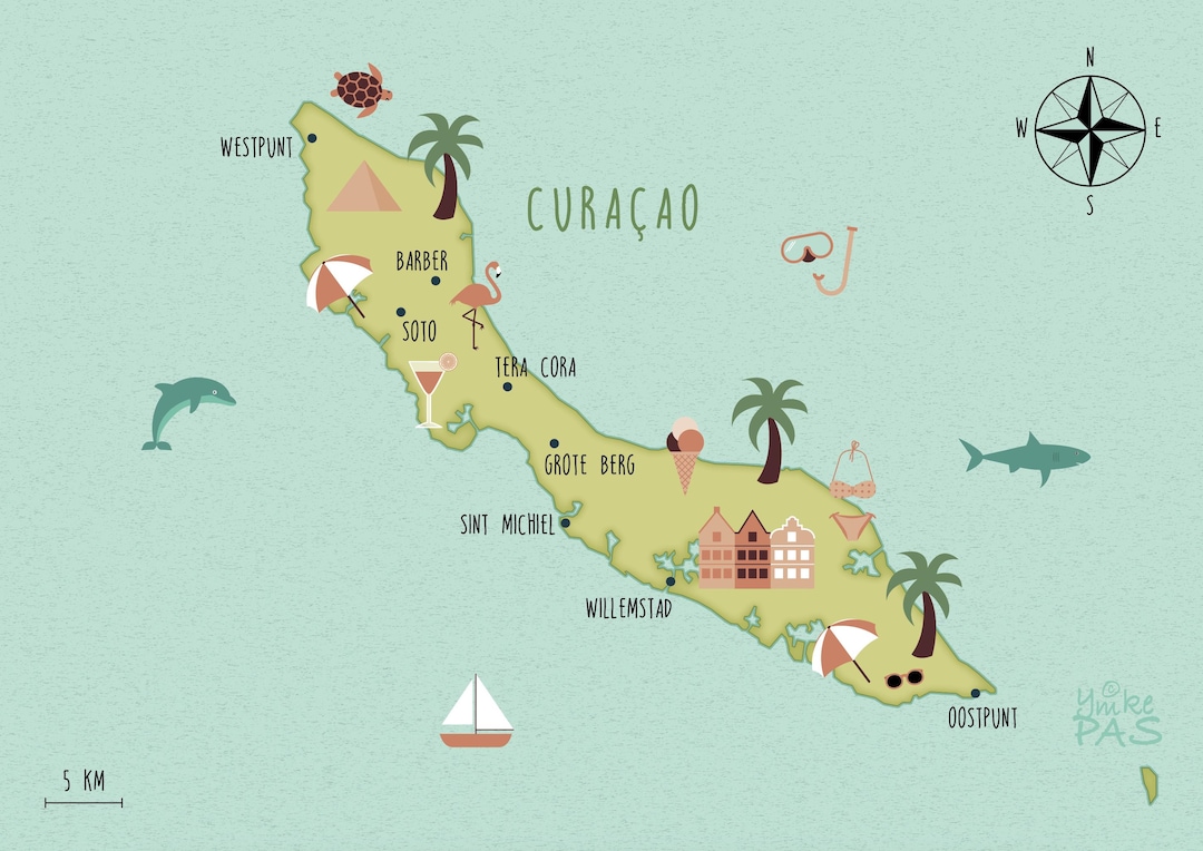 Illustrated Map of Curacao Art Print Poster Travel Map Digital Download ...