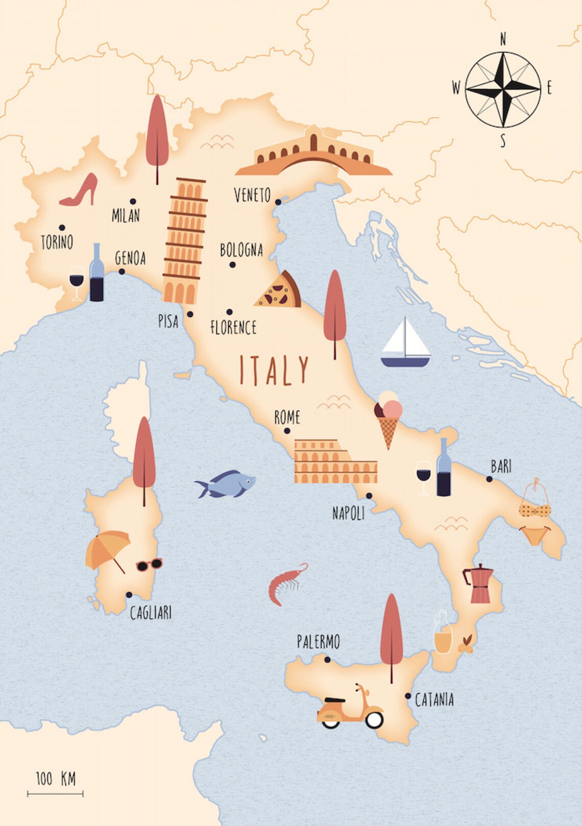 Illustrated map of Italy art print poster travel map digital | Etsy