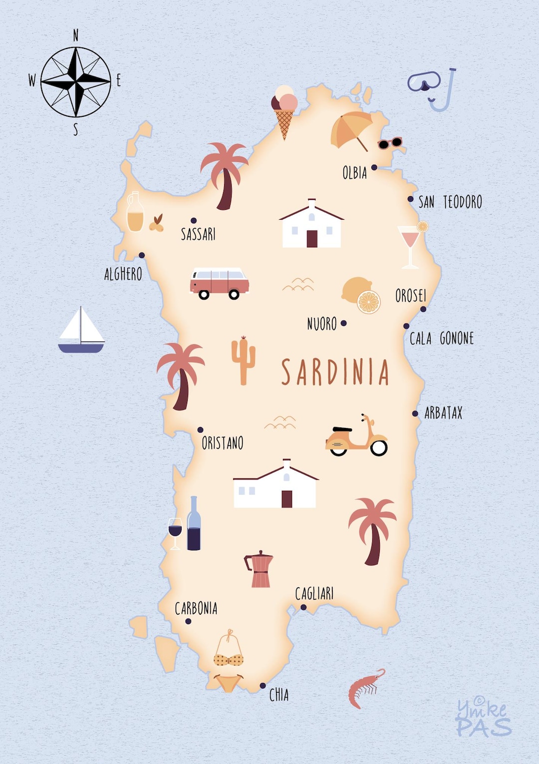 Illustrated Map of Sardinia Art Print Poster Travel Map - Etsy UK