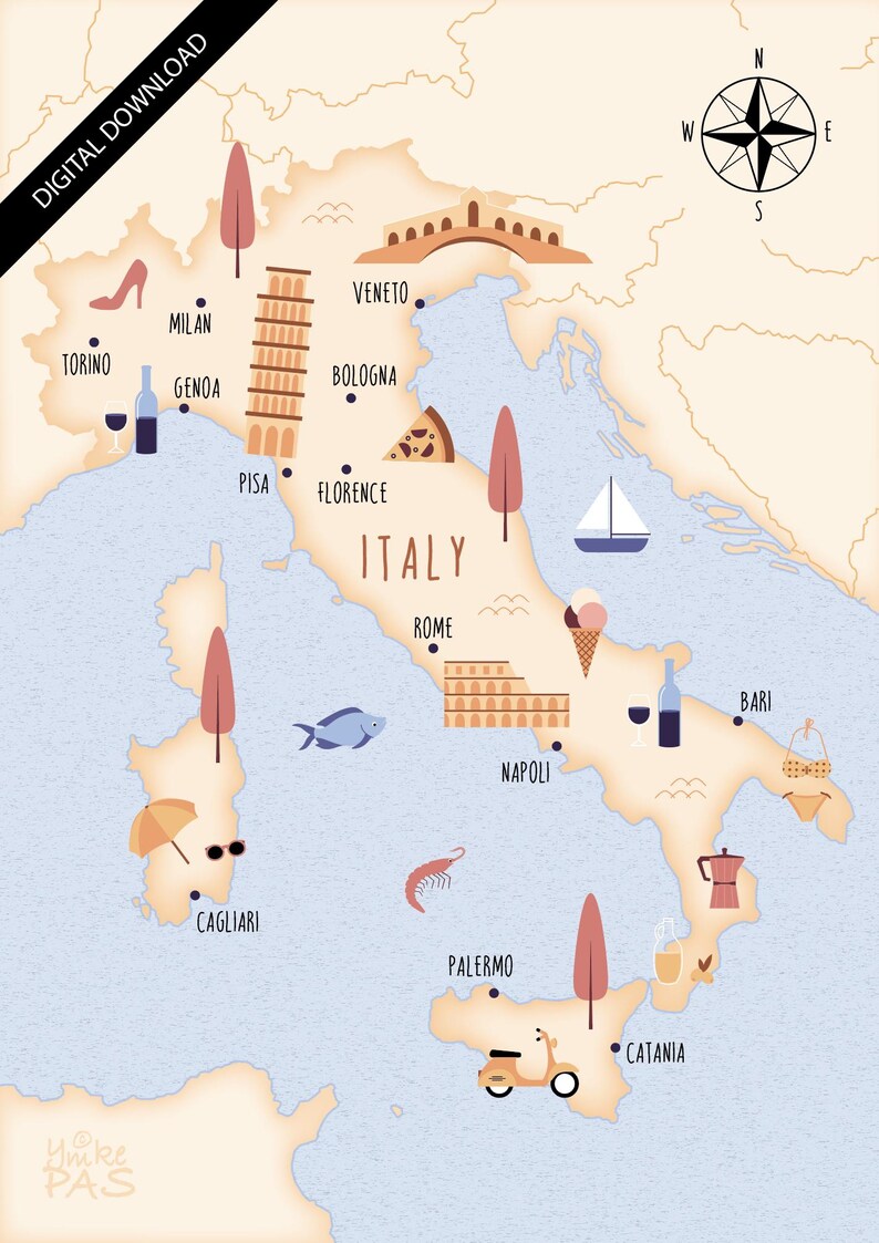 Illustrated Map of Italy Art Print Poster Travel Map Digital Download ...