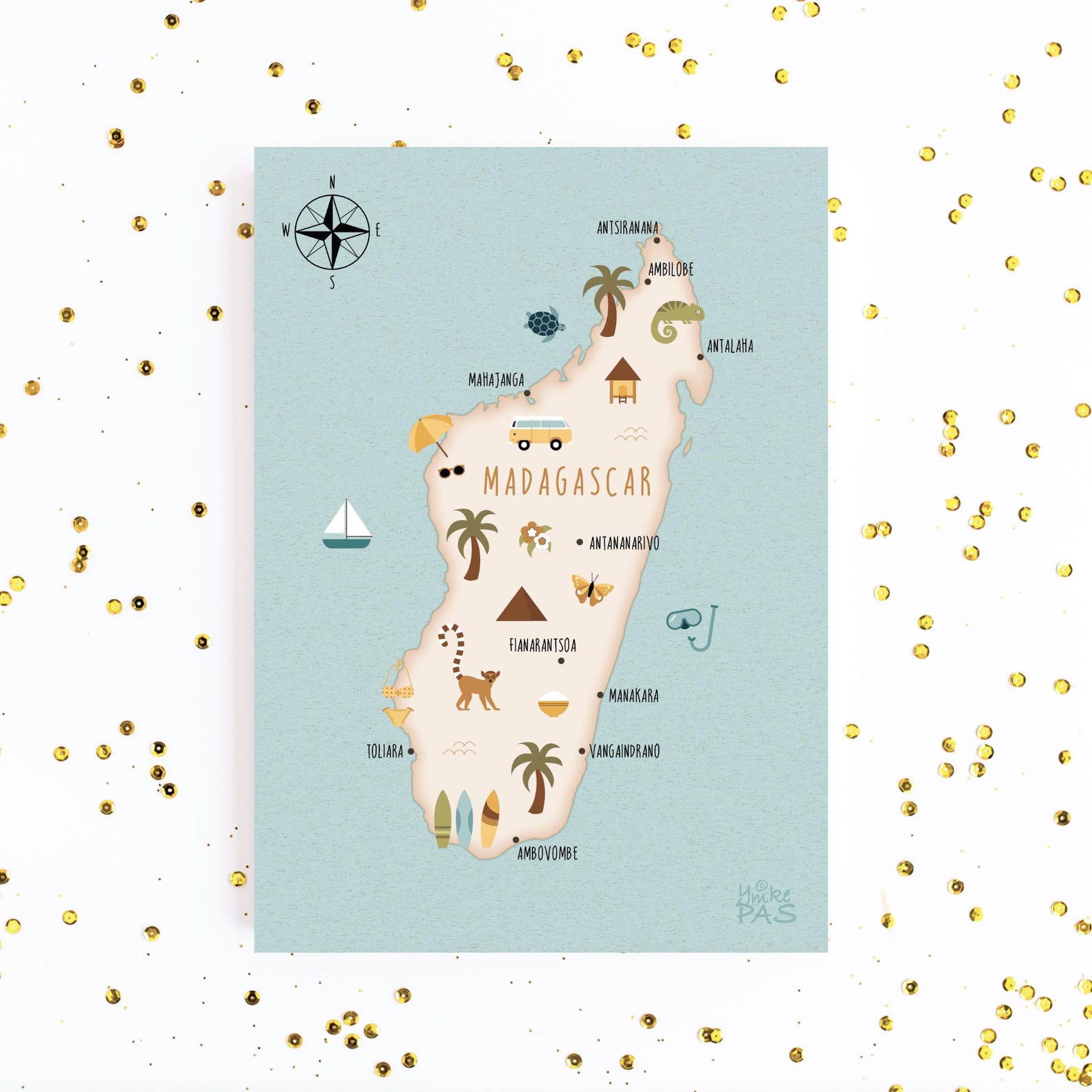 Madagascar Postcard, Pack of 5 Postcards A6, Illustrated Map of ...
