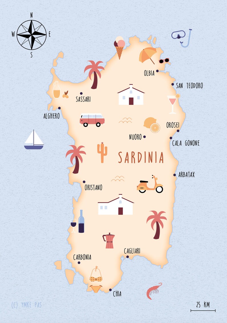 Illustrated Map of Sardinia Art Print Poster Travel Map Digital ...