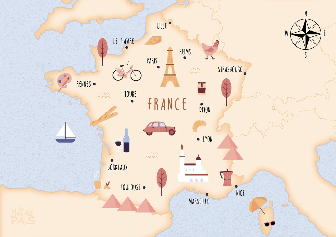 Illustrated Map of France Art Print Poster Travel Map - Etsy