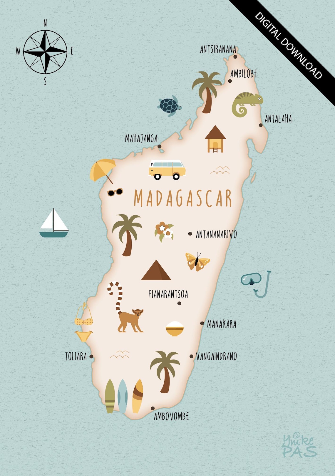 Illustrated Map of Madagascar Art Print Poster Travel Map Digital ...